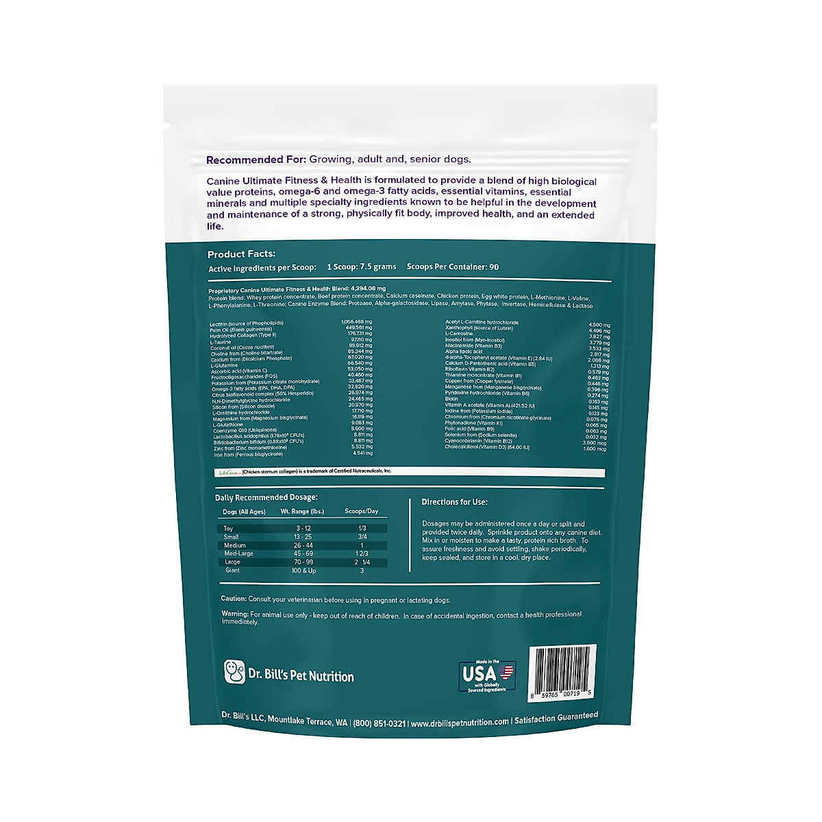 Dr. Bill’s Canine Ultimate Fitness & Health Vitamins for Dogs | Multivitamin for Dogs w/Coenzyme Q-10, Vitamin E, Vitamin D-3, Biotin, Folic Acid, Hyaluronic Acid Dog Vitamins and Supplements 680g