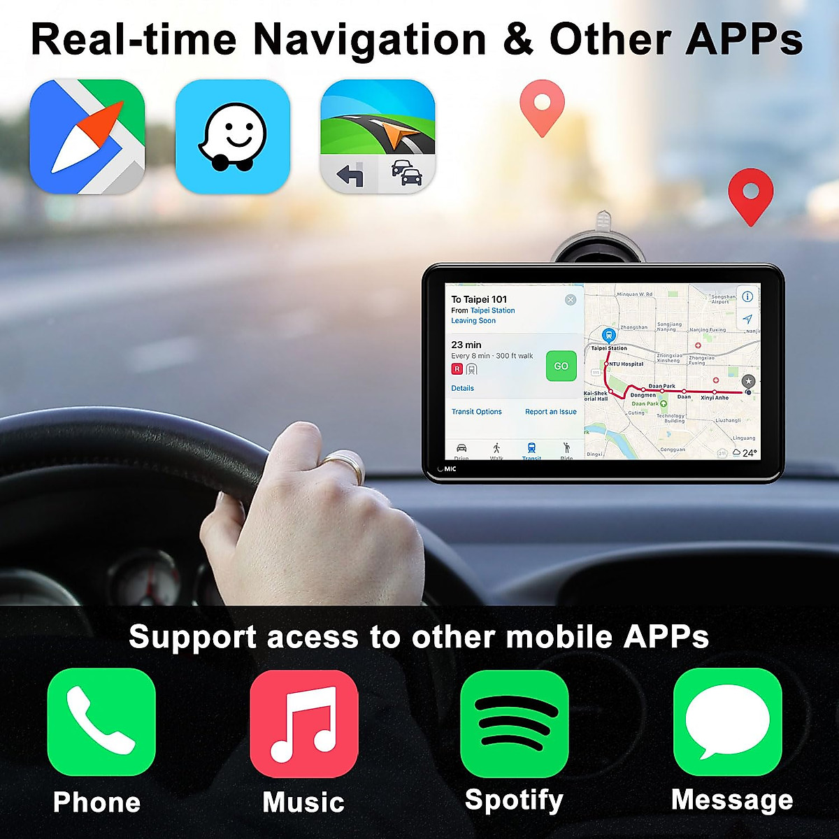 Portable Car Stereo for Apple Carplay, Android Auto, Air Play, Mirror Link, Wireless Car Play Screen with Bluetooth Handsfree, 7 Inch IPS Touchscreen, GPS Car Navigation, Siri/Google, FM/AUX/USB/TF