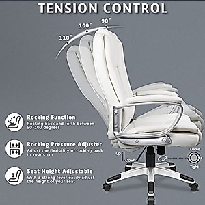 LEMBERI Office Desk Chair, Managerial Executive Chair, Big and Tall High Back Computer Chair, Ergonomic Adjustable Height PU Leather Chairs with Cushions Armrest for Long Time Seating (White)