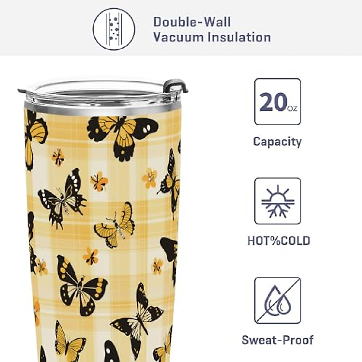Yellow Spring Butterflies Stainless Steel cup for men Leak-proof Lid and Straw travel mug spill proof for camping modern tumblers with lids 20 OZ