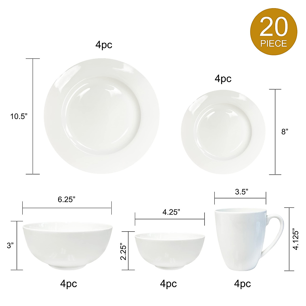 Bone China 20 Piece Dinnerware Set, Service for 4, White, Microwave Safe, Chip Resistant, Translucent, Elegant giftware, Dish set, For, Essential Home, Formal and Everyday Living, Kitchen set, display