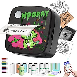 DOLEWA Mini Printer with 13 Rolls Sticker Paper, Sticker Printer, Portable Thermal Inkless Sticker Maker, Wireless Thermarote Label Printers for Photos, Study Notes, DIY, Journal, Memo (Black)