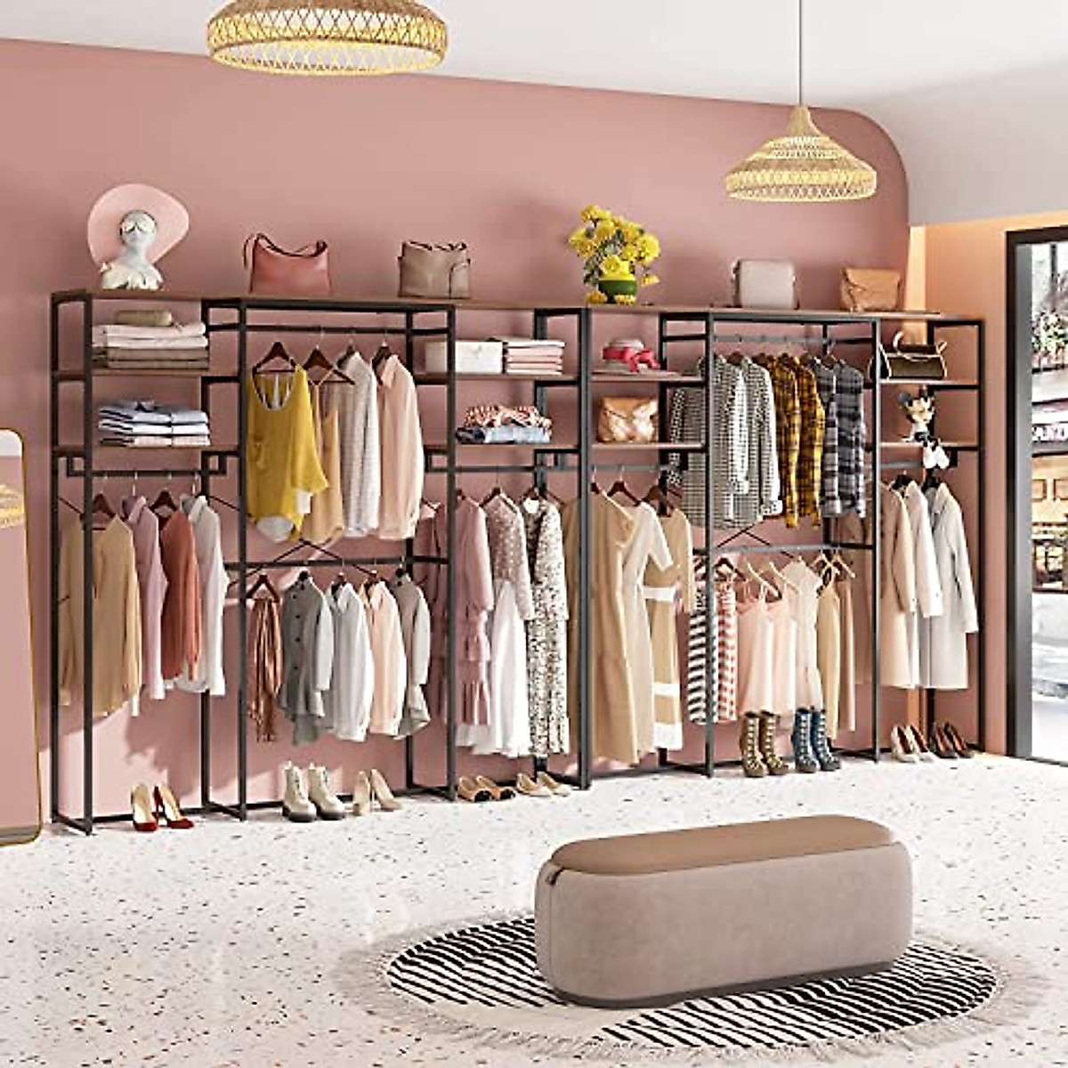 LITTLE TREE Free Standing Closet Organizer, Large Heavy-duty Garment Rack with Shelves and Hanging Rods,Open Wardrobe for Bedroom,Brown