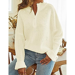 MEROKEETY Women's 2023 Long Sleeve Chunky Knit Sweaters 1/4 Zip Polo V Neck Casual Pullover Tops,Beige,M