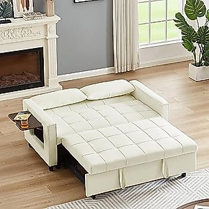 3 in 1 Convertible Sofa Bed Pull Out Couch Sleeper Modern Velvet Loveseat Couch Futon Sofá Bed w/Reclining Backrest,Side Coffee Table,2 Pillows,Lounge Sofa for Living Room Apartment Home Office,White