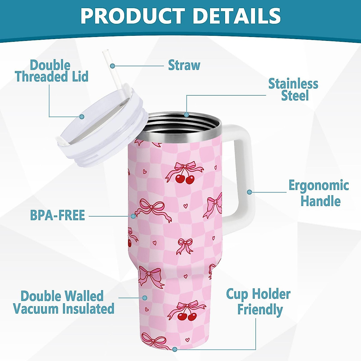 Bseiialft 40 oz Tumbler with Handle Pink Bow Cherry Heart Check Water Bottle with Lid and Straw Vacuum Insulated Cup Stainless Steel Travel Coffee Mug for Home Office Car