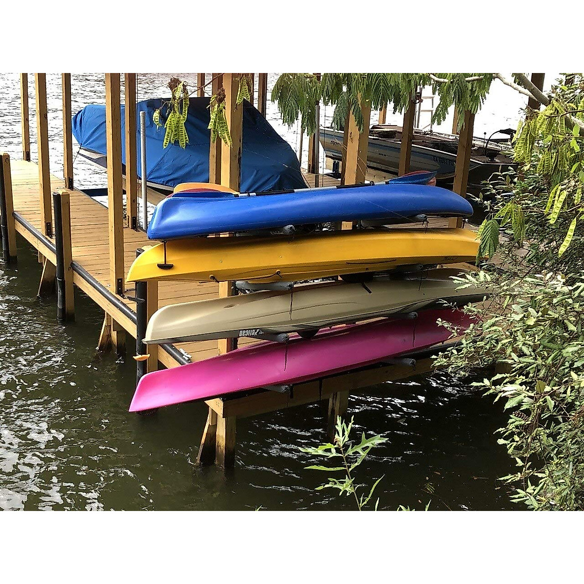 StoreYourBoard Outdoor 4 Kayak Storage Rack, Wall Mount, Holds 400 lbs, All Weather Heavy-Duty Metal Organizer, Adjustable Levels