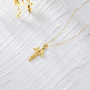 WSX Real 14k Yellow Gold Registered Nurse Necklace for Women RN Caduceus Pendant Medical Symbol Charm Fine Jewelry Gifts for Her