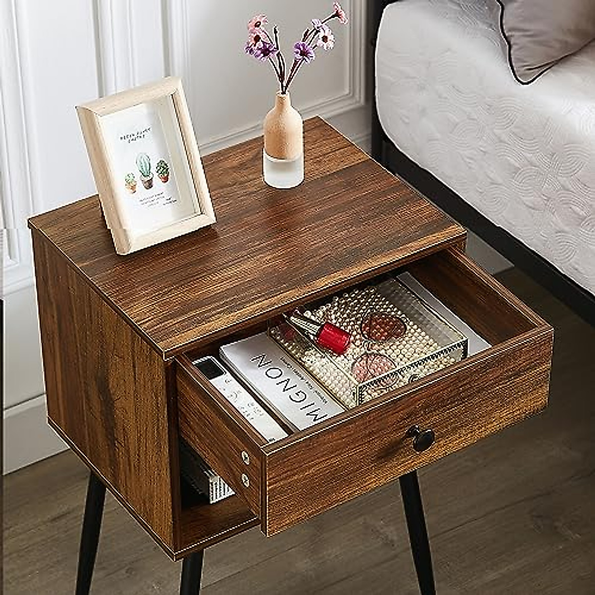 VECELO Nightstands Set of 2 Industrial 2-Tier Night Stand/Side Drawer, Wood Mid Century End Tables for Small Places, Bedrooms, Living Room, Home, Farmhouse, Rustic Brown