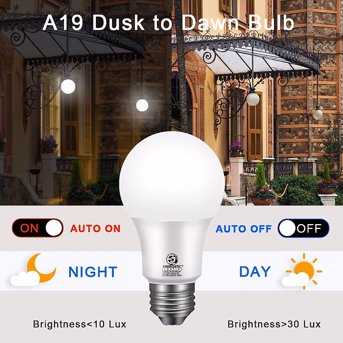 Energetic 4-Pack Dusk to Dawn LED Outdoor Light Bulb, 60 Watt Equivalent(6W), 800LM, Daylight 5000K, E26 Base, Automatic On/Off Sensor Light Bulb for Porch, Hallway, Garage, UL Listed