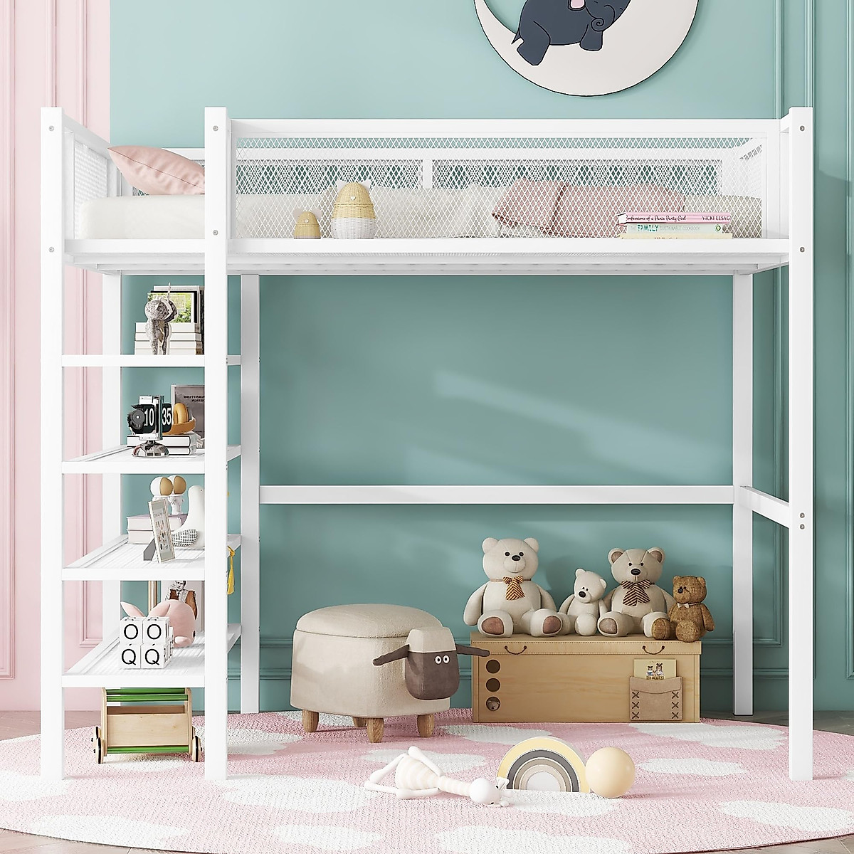 Bellemave Full Size Loft Bed with 4-Tier Shelves and Storage, Metal Loft Bed with Bookshelf, Full Size Loft Bed with Storage Stairs(White)