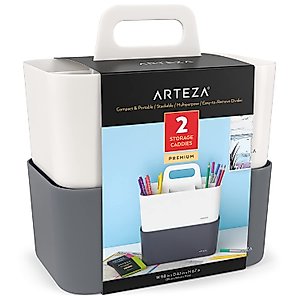 ARTEZA Storage Caddy Pack of 2, Gray and Ivory, 5-Compartment Plastic Caddy Organizer with Easy-to-Remove Divider Partition