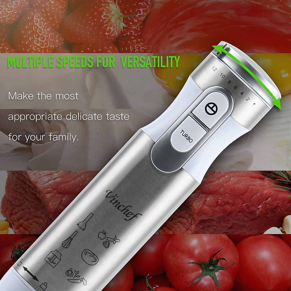 Vinchef 5 in 1 Immersion Hand Blender, 300 Watt, Multi-Speed Stainless Steel Handheld Stick Blender with 700ml Beaker, Whisk, Chopper/Grinder Bowl and Wall Rack, BPA-Free