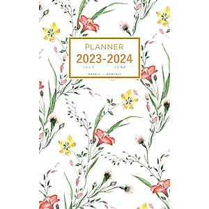 Planner July 2023-2024 June: 5x8 Weekly and Monthly Organizer Small | Watercolor Natural Wildflower Design White