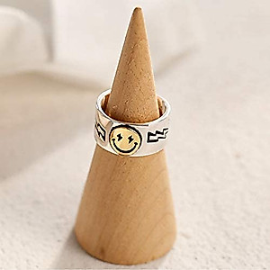 Woent Statement Smiling Face Rings Vintage Band Adjustable Bands Smiley Wide Rings Jewelry for Women (Gold)