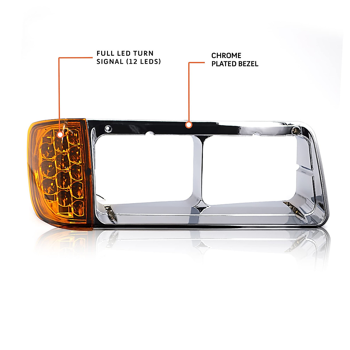Torque Headlight Bezel PAIR Replacement for 1989-2002 Freightliner FLD semi Trucks with Amber LED Turn Signal Light Assembly DOT SAE Approved Driver Left Passenger Right Side Set 3 Wires (TR039)