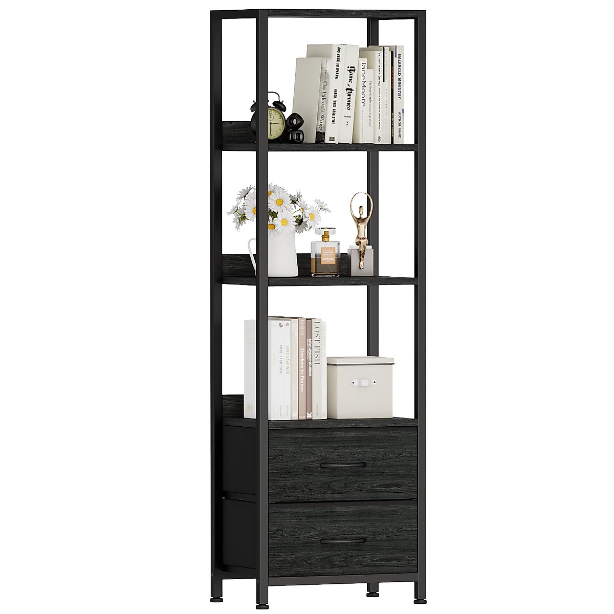 Furnulem 4-Tier Corner Shelf, Bookshelf with 2 Storage Drawers, 57.28”Tall Narrow Bookcase, Standing Shelf Organizer Unit for Living Room, Bedroom, Metal Frame, Wood Display Shelf