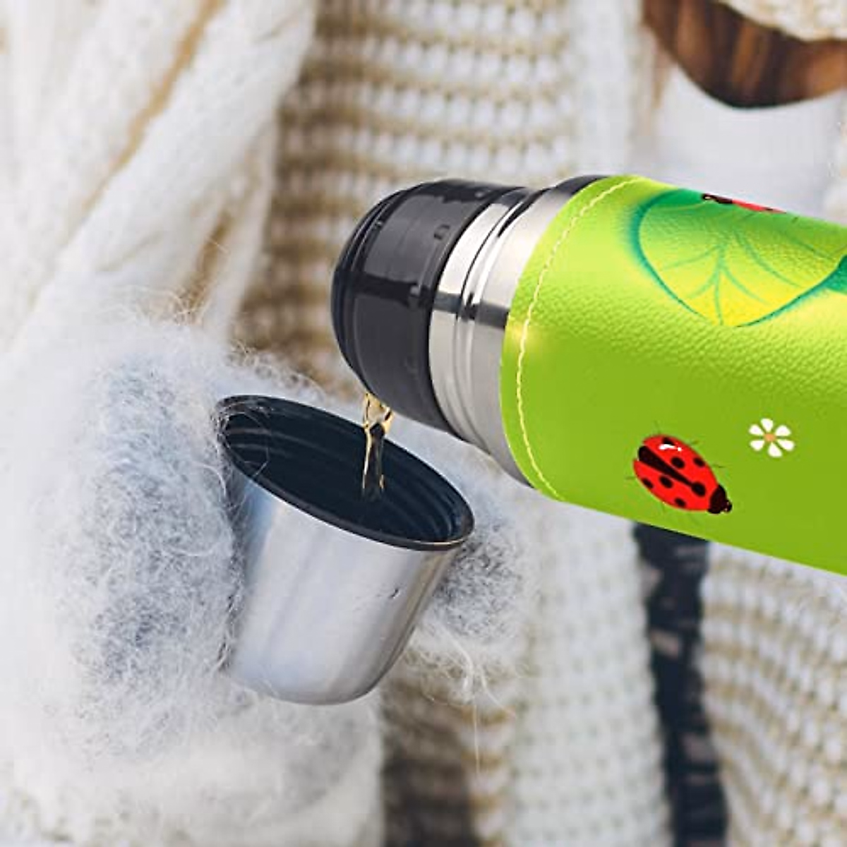 Insulated Water Bottle Stainless Steel Water Bottles Metal Water Bottle, Spring Ladybug Flower Leaves