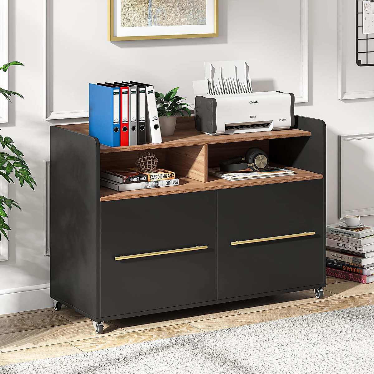 Tribesigns 2 Drawer File Cabinet Rolling Filing Cabinets for Home Office Black lateral File Cabinet Wood File Cabinet for Letter Size, Printer Stand with Rolling Wheel and Open Storage Shelves