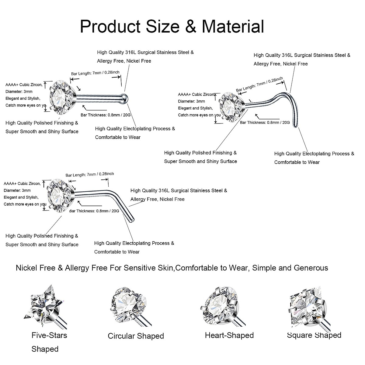 SOVSEFD 12 Pcs 20 Gauge Stainless Steel Nose Rings Studs L Crook Bone Shaped Crook Nose Fake Septum Rings Body Piercing Jewelry 3mm Diamond CZ Nose Stud L Bend for Women Men Girl Piercing (Silver)