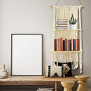 Macrame Wall Hanging Shelf, 2 Tier Boho Hanging Shelves for Wall, Floating Wood Shelves with Handmade Woven Rope for Small Plants, Books Photos, Bohemian Decor for Living Room, Bedroom, Bathroom