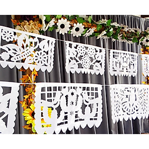 White Papel Picado Banner - Plastic Papel Picado Banner, garland, bunting, streamers - Fiesta Decorations - Mexican white Decorations for mothers day, bridal shower, weddings 5 pack/60 feet