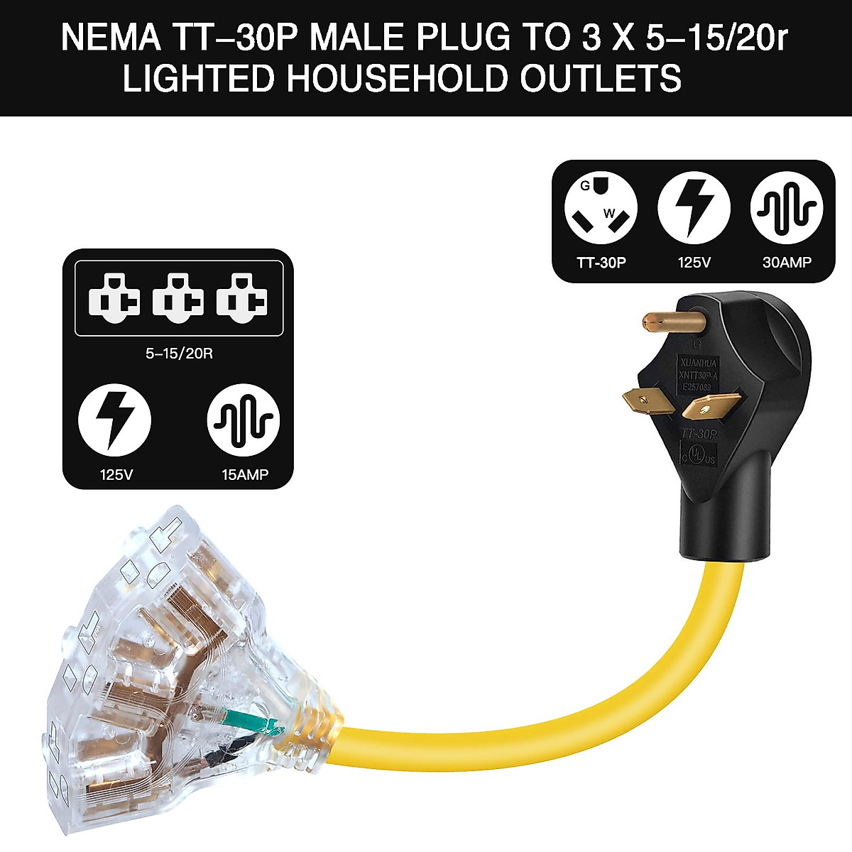EXCELFU 30 Amp to 110 Adapter, 30 Amp to 15 Amp RV Adapter Extension Cord, NEMA TT-30P Male to 5-20r Female LIT 3-Way Outlet Splitter with Lighted End for RV Generators, 125 Volt, 10AWG, 2ft