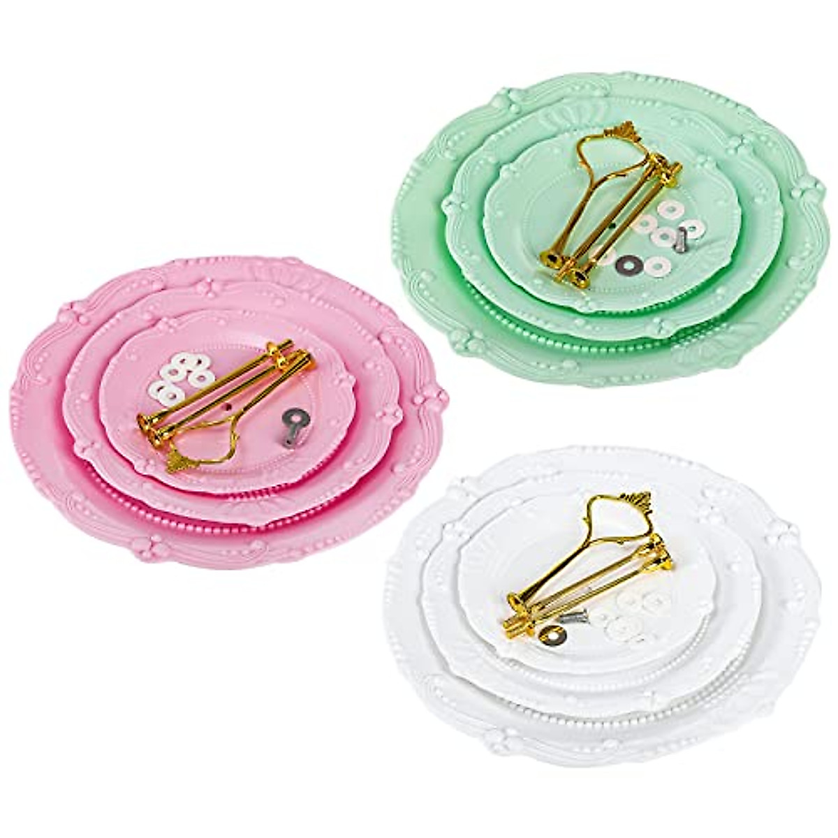 Fasmov 3 Pack 3 Tier Plastic Cupcake Stand, Dessert Plates Cake Fruit Candy Display Tower Reusable Pastry Platter for Wedding Birthday Baby Shower Tea Party Decorations - White, Pink Green