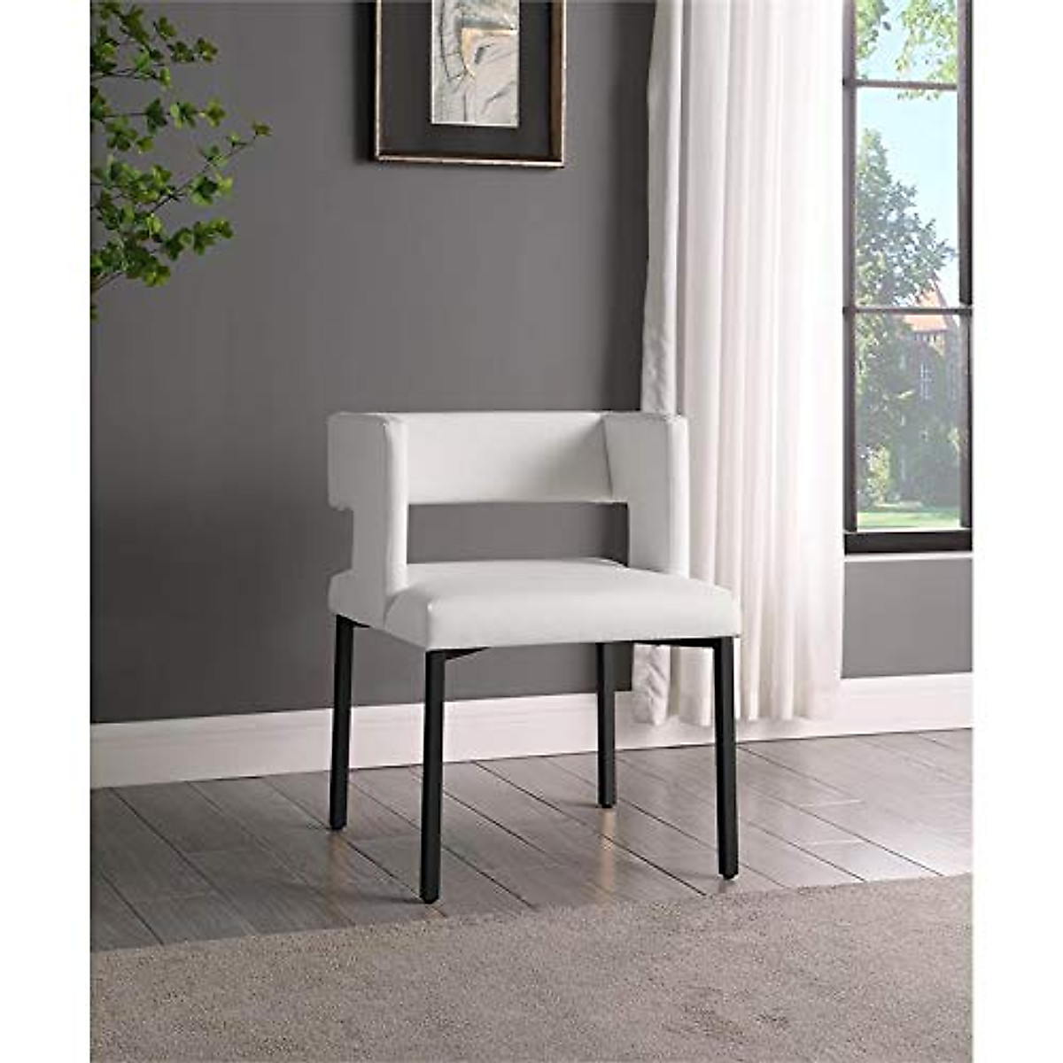 Meridian Furniture Caleb Collection Modern | Contemporary Upholstered Dining Chair with Squared Back and Sturdy Iron Legs, Set of 2, White Faux Leather, Matte Black, 23" W x 21" D x 30" H