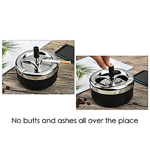 Round Push Down Ashtray with Spinning Tray Metal Cigarette Ash Tray Large 5.2 Inches Home Ashtray for Outside Patio - Black