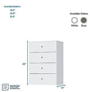 Short Closet Drawer Tower - Modular Closet System With Drawers (4) - Corner Closet System - Closet Organizers (White, 19.5 inches Wide) Closet Organizers