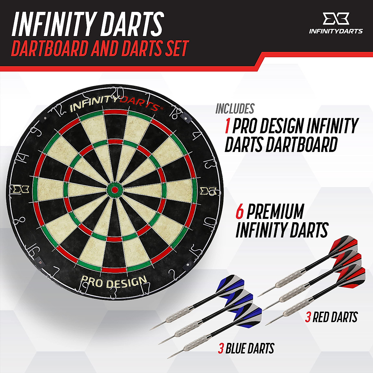 Infinity Darts Bristle Dartboard Set - Includes 6 Metal Tip Darts Set, Self-Healing Sisal Fiber Dart Board, Rotating Steel Wire Scoring Ring, Staple Free Bullseye, for Home Game Room or Bar Darts