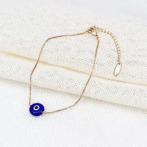 Pingyongchang Blue Turkish Evil Eye Beads Charm Bracelet Bohemian Devil Eye Hamsa Gold Colored Copper Chain Adjustable Bracelet for Women Men Jewelry-Blue