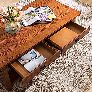 Leick Home 8204 Mission Impeccable Coffee Table for Living Room, Two Drawers and Shelf, Made with Solid Wood, Medium Oak Finish