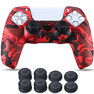 YoRHa Studded Printing Silicone Cover Skin Case for PS5 Controller x 1(Red) with Pro Thumb Grips x 10