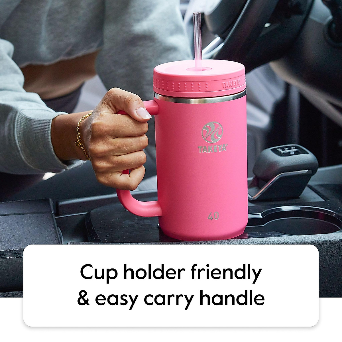 Takeya 40 oz Stainless Steel Tumbler with Lid and Two Straws, Premium Quality, Double Wall Insulated, Wiith Handle, Keep Drinks Cold for Up to 24 Hours, Dragon Fruit