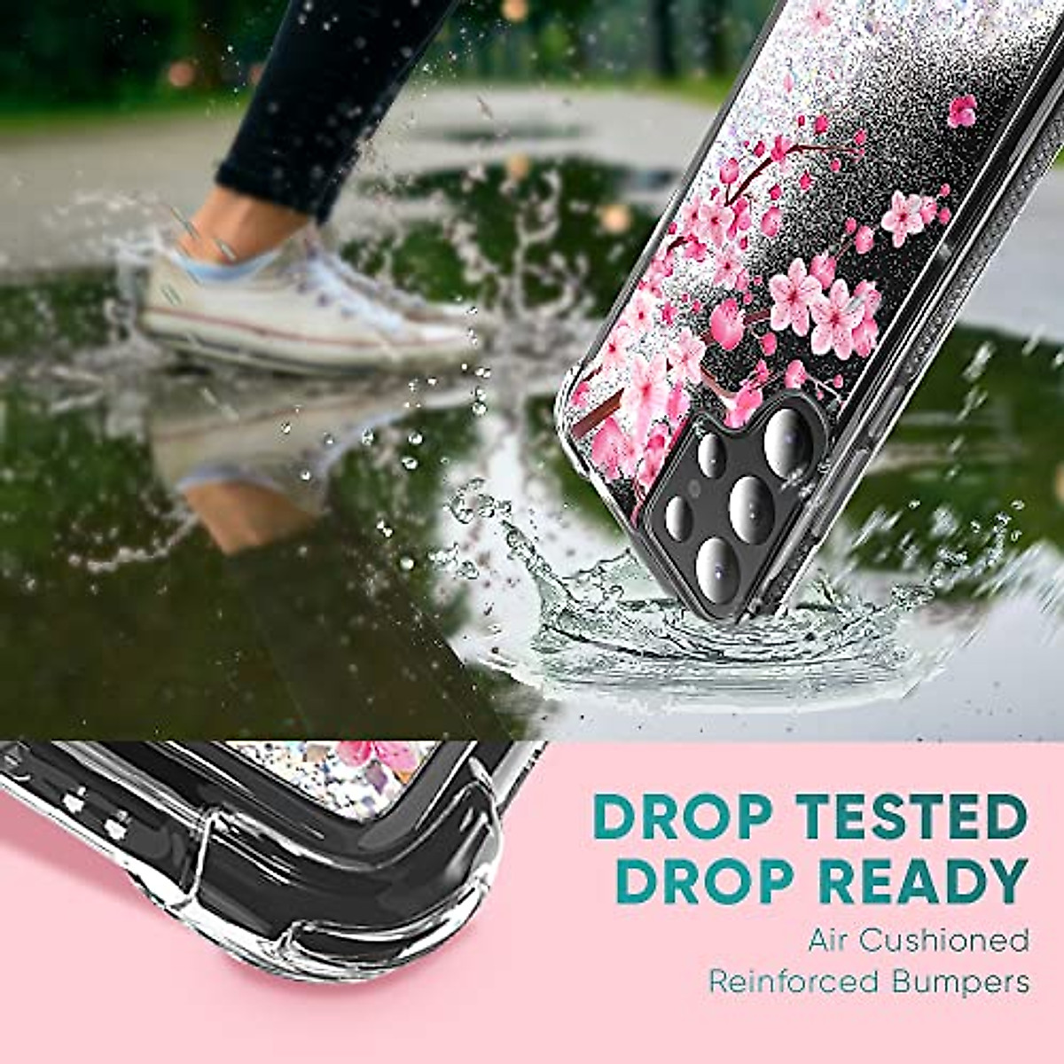 Miss Arts for Samsung Galaxy S23 Ultra Case, Girls Women Flowing Liquid Holographic Holo Glitter Shock Proof Case with Floral Design Bling Bumper for Samsung Galaxy S23 Ultra 5G- Cherry Blossom