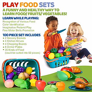 100 PCS Cutting Play Food Toy for Kids Kitchen, Pretend Food Toys for Toddlers, Play Kitchen Toys Accessories with 2 Baskets, Fake Food/Fruit/Vegetable, Birthday Gifts for 3 4 5 Years old Boys Girls