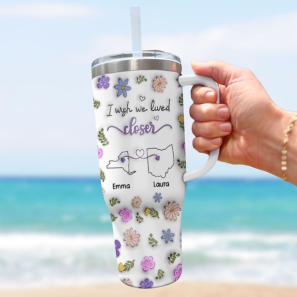 Wrappiness I Wish We Lived Closer Tumbler - Personalized Custom 3D Inflated Effect Printed 40Oz Tumbler Long Distance Friendship Gift Custom State to State Going away Gift for Sister Friend (A05)