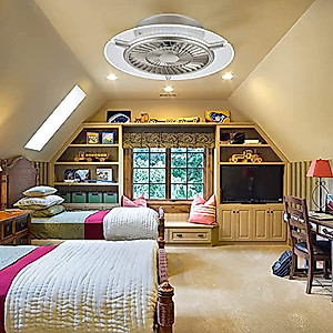 JLPAN Bladeless Ceiling Fan with Lights 22 in Flush Mount Low Profile Ceiling Fan Dimmable LED 6 Speeds Reversible Blades Timing with Remote Control Modern Enclosed Ceiling Fan, Silver