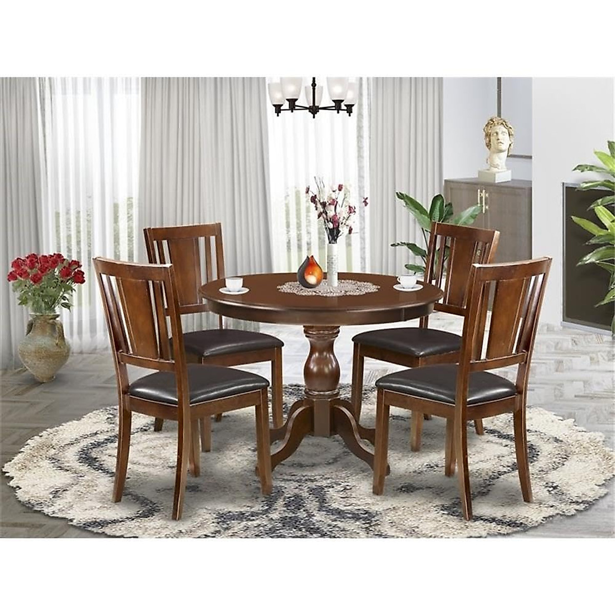 East West Furniture HBDU5-MAH-C 5 Piece Modern Dining Table Set Includes a Round Wooden Table with Pedestal and 4 Linen Fabric Dining Room Chairs, 42x42 Inch, Mahogany