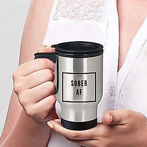 HollyWood & Twine Sober AF Stainless Steel Insulated Travel Mug with Lid Coffee Cup Funny Sobriety Gift for Men & Women - One Year Sober Sobriety Anniversary