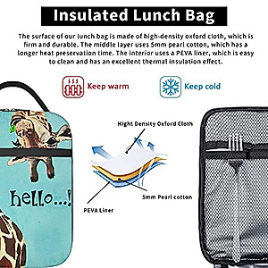 JASMODER Insulated Lunch Bag, Funny Giraffe Says Hello Portable Lunch Box Cooler Tote For Boys Girls Adults