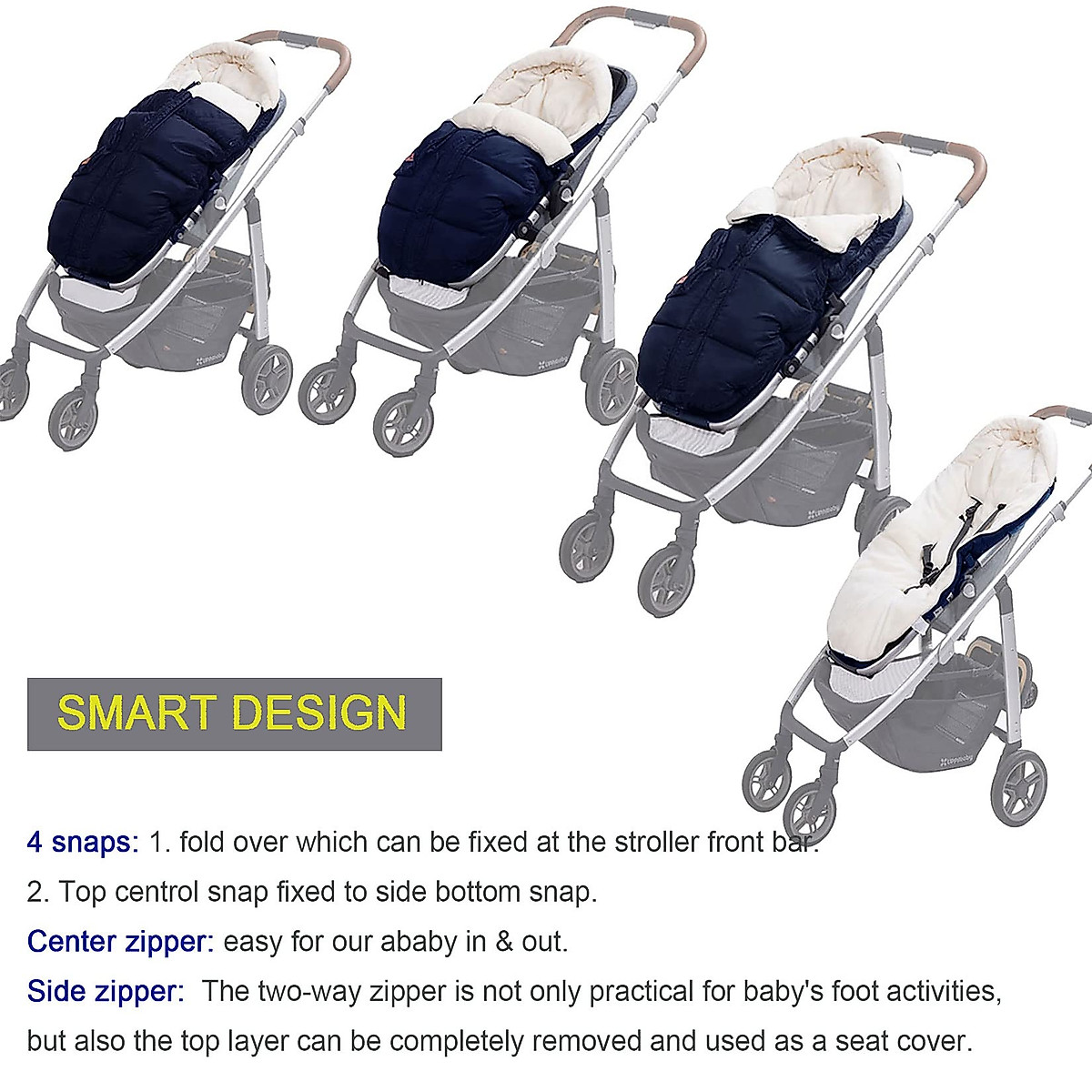 KZ Dotnz Universal Footmuff for Stroller with Adjustable Side Central and Botton zips, Stroller Footmuff with Soft Hood, Waterproof Warm Outdoor Baby Stroller Bunting Bag/Stroller Accessories