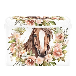 senya Baskets Collapsible Storage Bins with Lids, Horse Head Flower Leaves Storage Boxes Clothes Baskets for Organizing, B06D22020