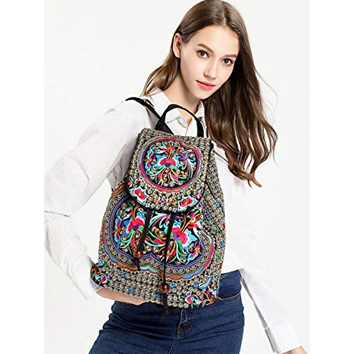 Goodhan Vintage Women Embroidery Ethnic Backpack Travel Handbag Shoulder Bag Mochila (S01 - Size Biggest - Pink - Material Upgraded)