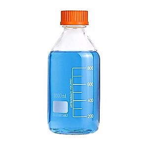 Pastein 4 Pieces 1000 mL Graduated Round Reagent Media/Storage Glass Bottle With GL45 Orange Polypropylene Screw Cap