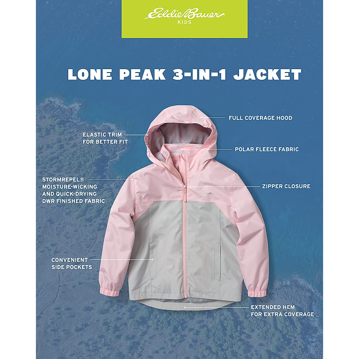 Eddie Bauer Girls' Rain Jacket - Lone Peak Waterproof 3 in 1 Insulated Windbreaker Coat with Removable Fleece Lining (5-20), Size 18-20, Soft Pink