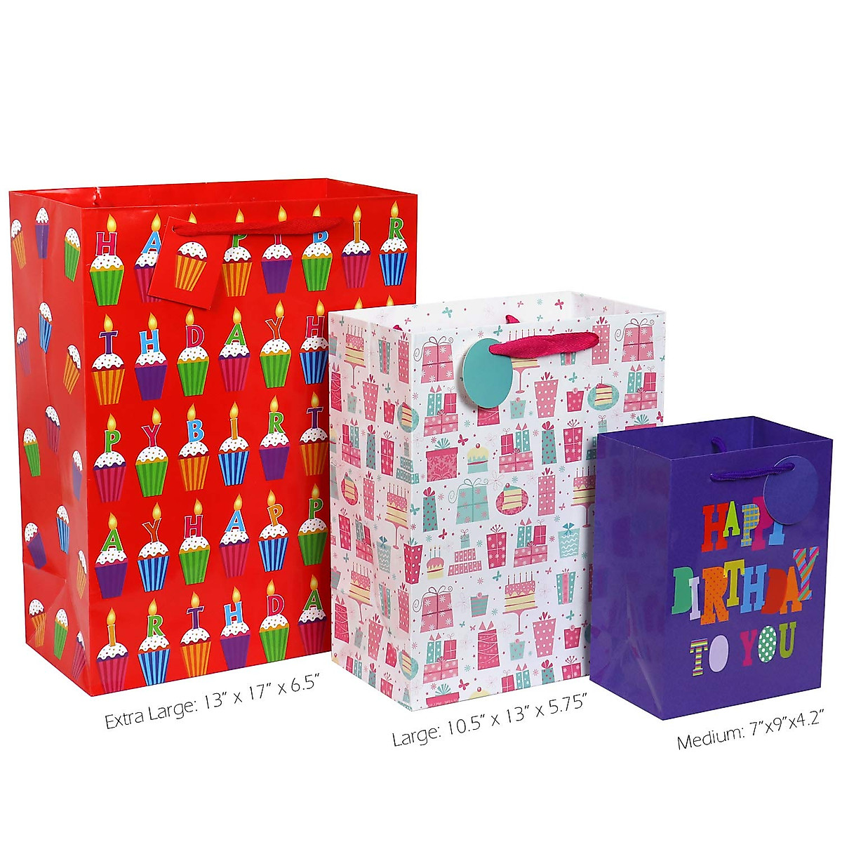 FZOPO Kids Birthday Gift Bag Assortment, Heavy Duty Paper Gift Bags, Red, Blue, Purple, Yellow, Brown, Pack of 12 Small, Medium, Extra Large Bags for Birthdays, Kid Party, Childrens Day