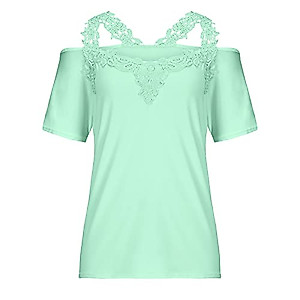 SMIDOW Lace Trim Cold Shoulder t Shirt for Women 2023 Summer Causal Solid Tops Sexy Elegant Blouses